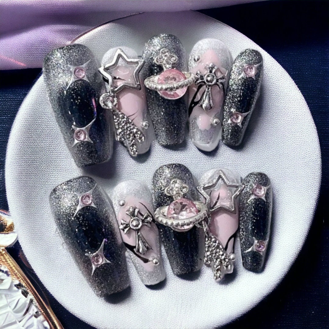 Saturn's Shadow Coffin Press on Nails Silver Stiletto, Metallic Muse ...