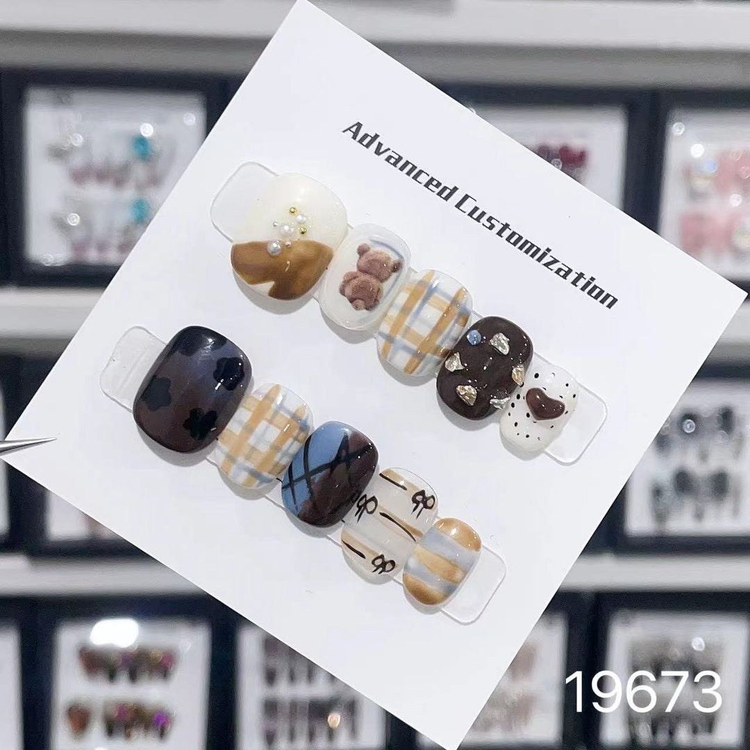 Oval Press on Nails Grid Pattern False Nails Chic DIY Manicure Easy to ...