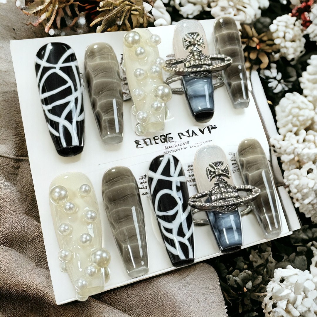 Saturn Sparkle Coffin Press on Nails Glittery Fake Nails Set Long ...