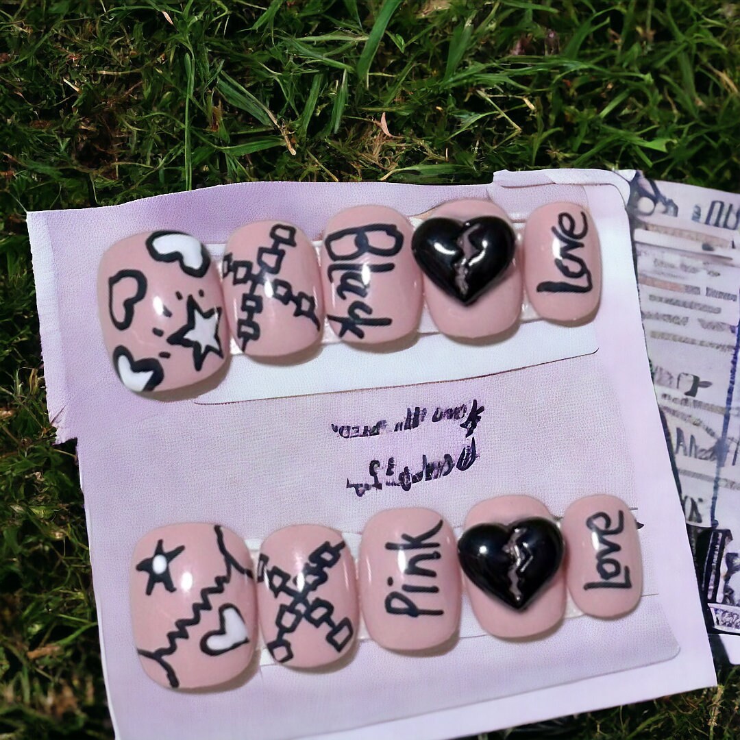 Pink Love Press on Nails - Oval Shape With Black Broken Heart Designs ...