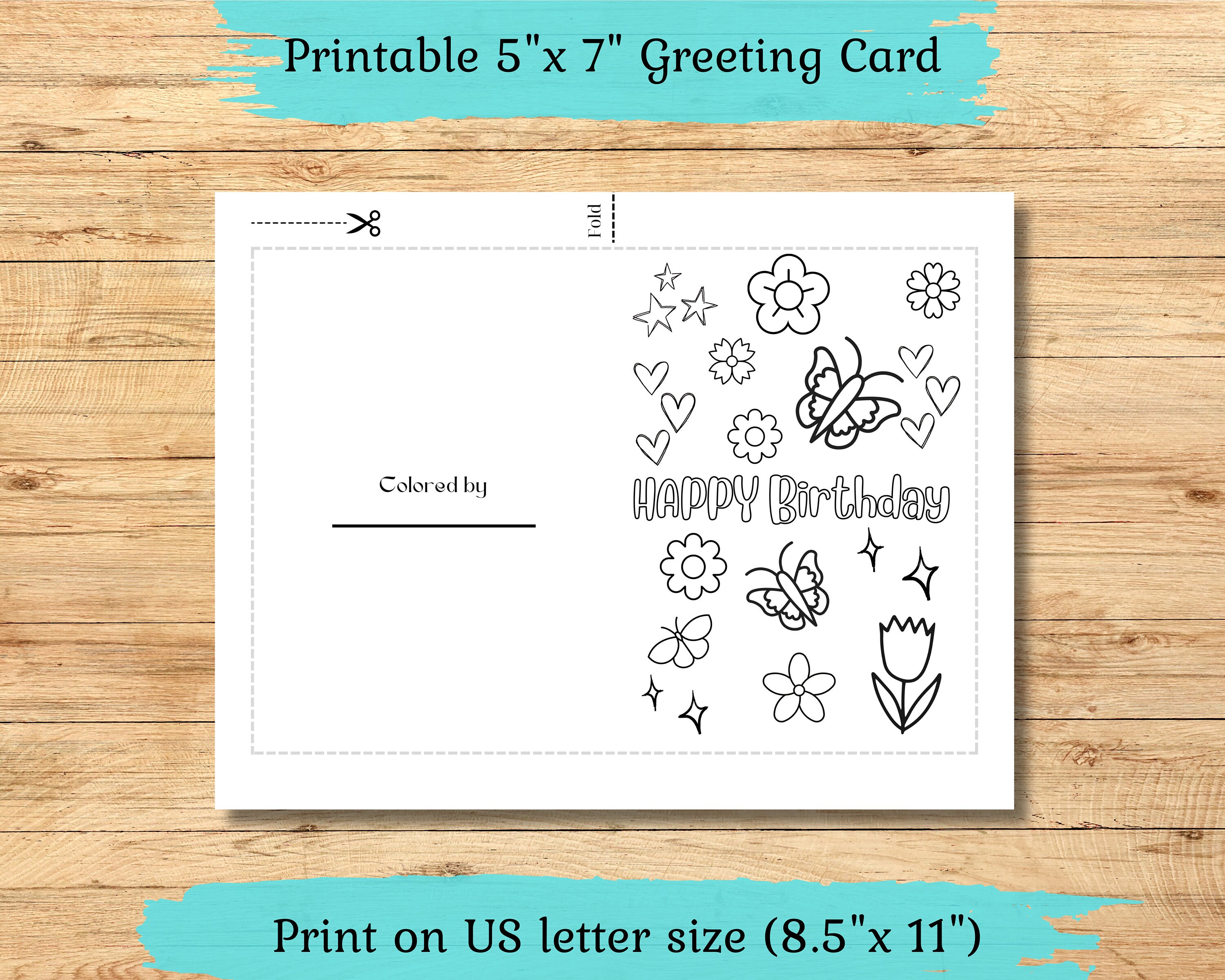 Happy Birthday Printable Coloring Card, Kids Coloring Card, Flowers and ...