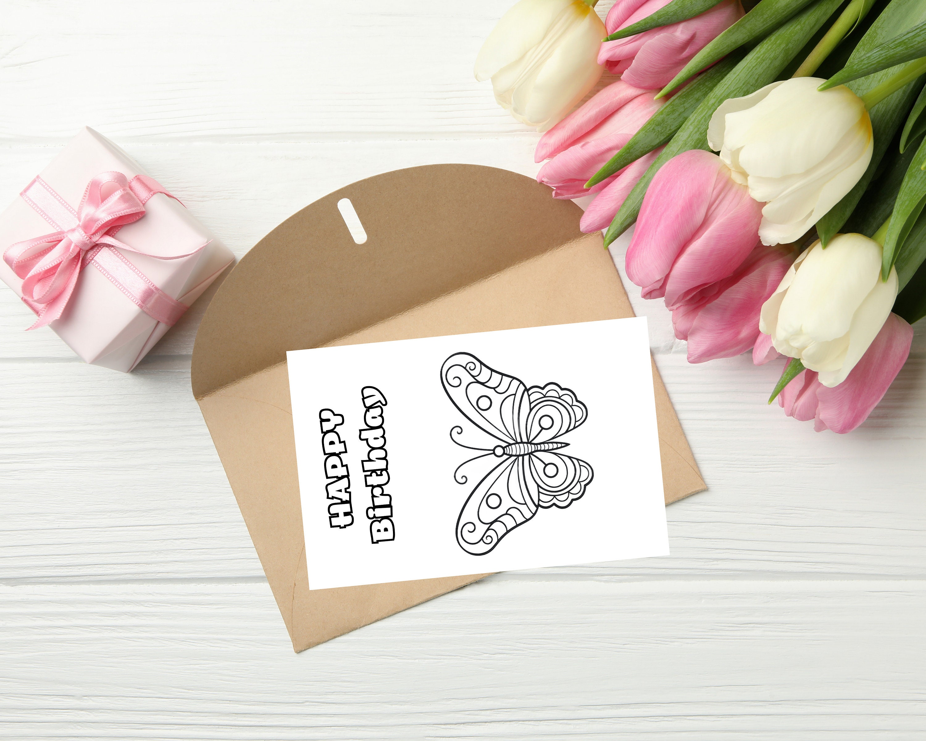 Instant Download Birthday Butterfly Coloring Card, Digital Greeting ...