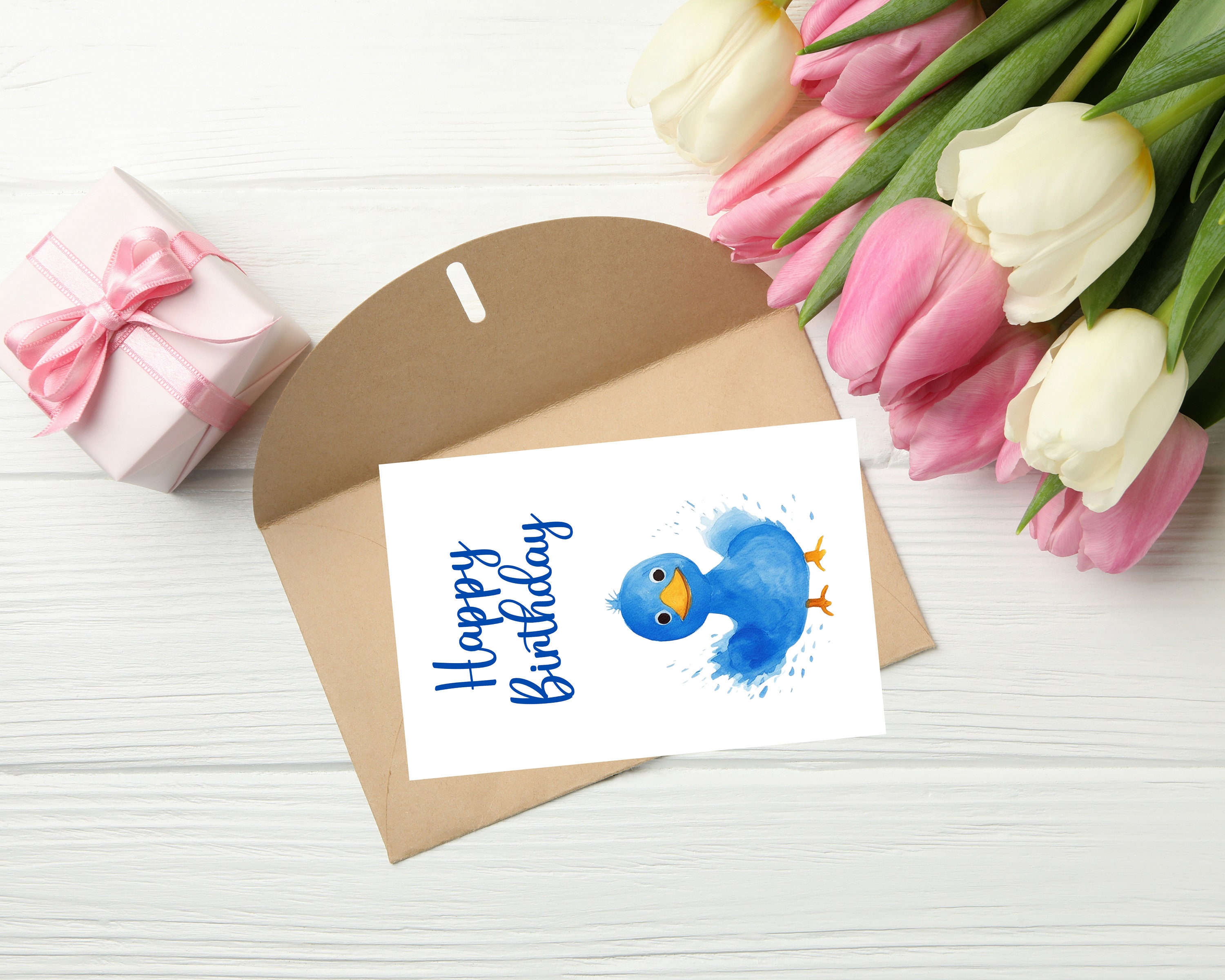 Party Duck Birthday Card, Watercolor Greeting Card, Blue Duck Birthday ...