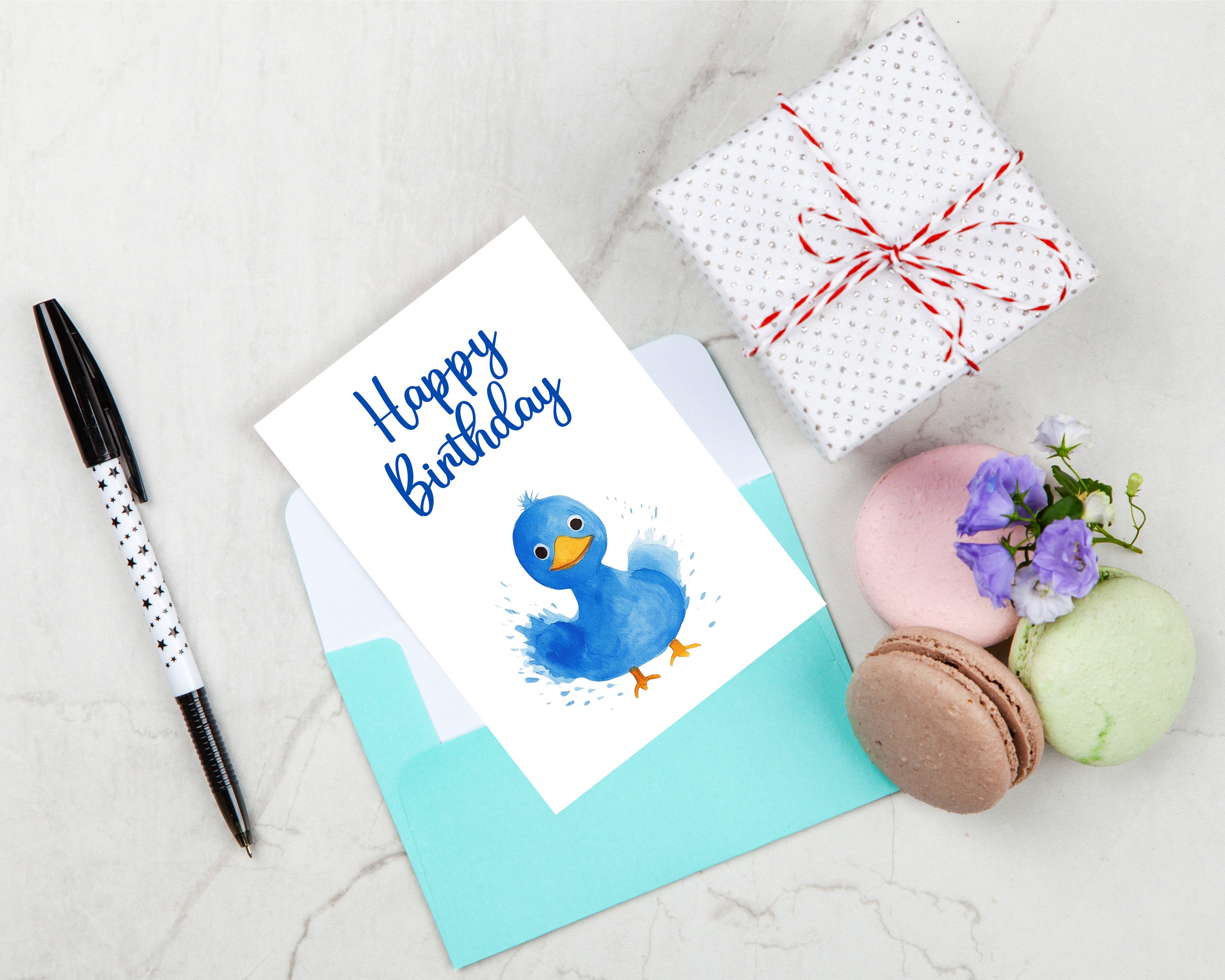 Party Duck Birthday Card, Watercolor Greeting Card, Blue Duck Birthday ...