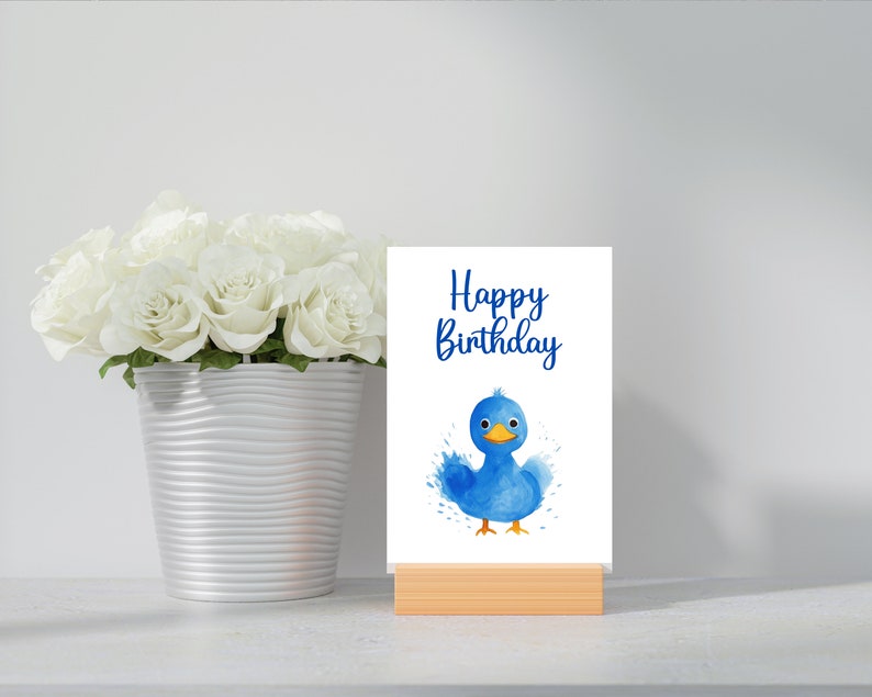 Party Duck Birthday Card, Watercolor Greeting Card, Blue Duck Birthday ...