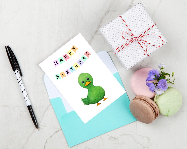 Party Duck Birthday Card, Watercolor Greeting Card, Green Duck Birthday ...