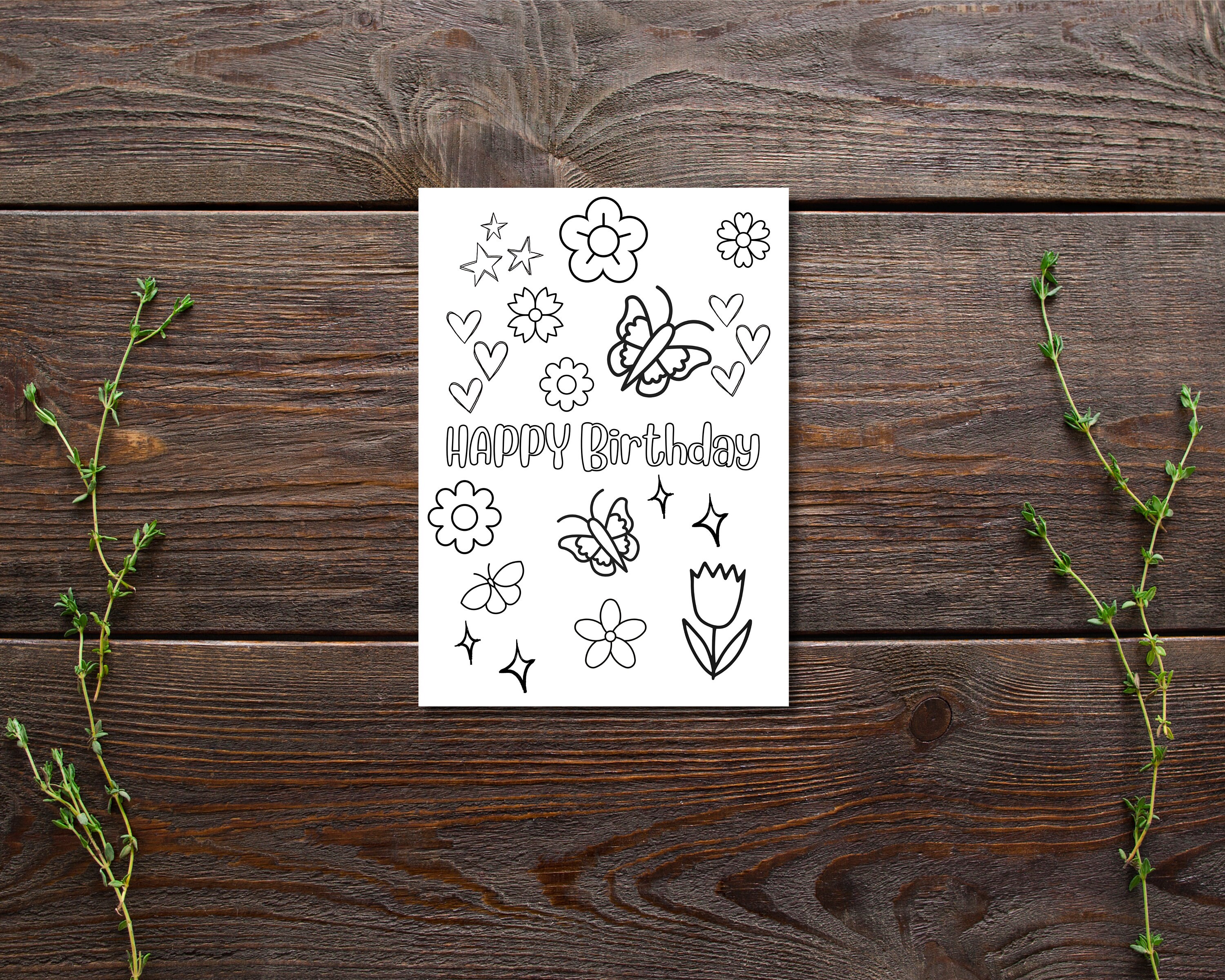 Happy Birthday Printable Coloring Card, Kids Coloring Card, Flowers and ...