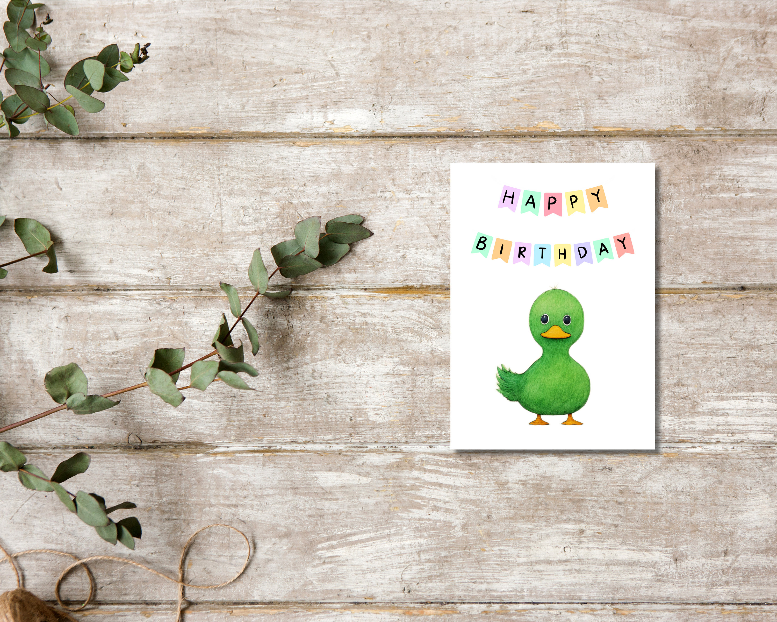 Party Duck Birthday Card, Watercolor Greeting Card, Green Duck Birthday ...