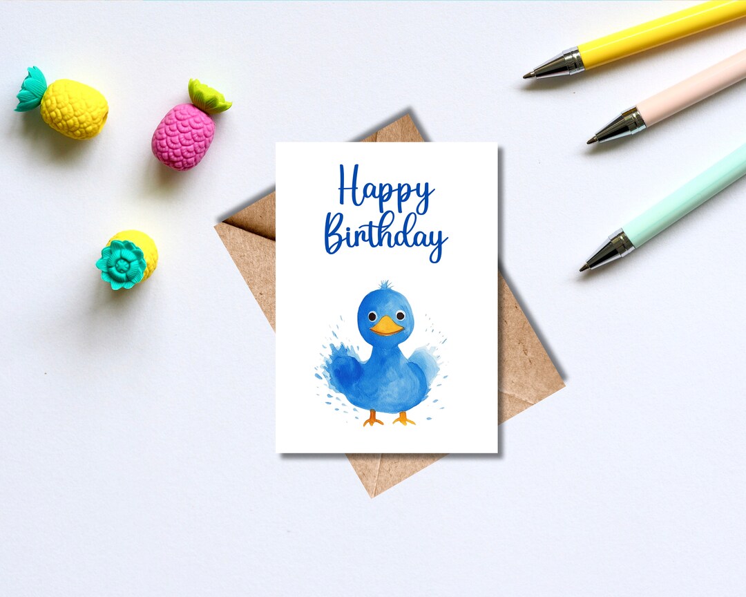 Party Duck Birthday Card, Watercolor Greeting Card, Blue Duck Birthday ...