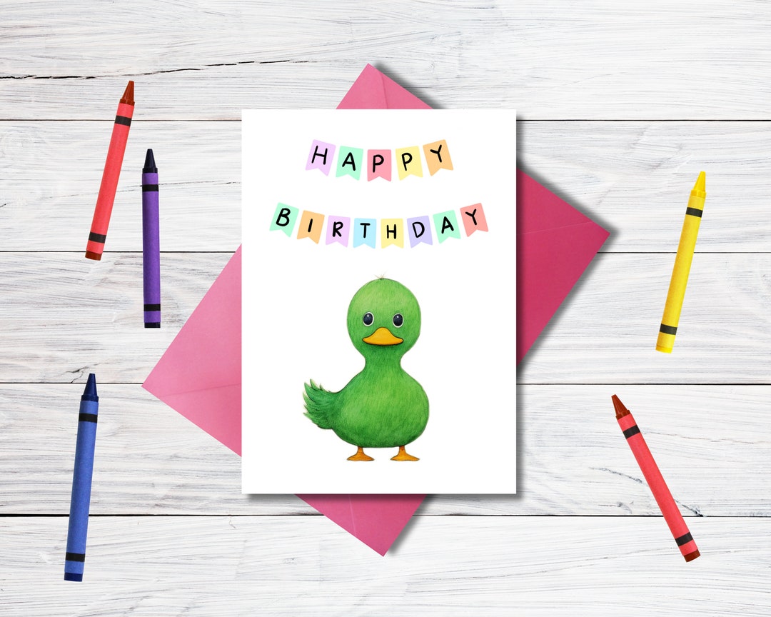 Party Duck Birthday Card, Watercolor Greeting Card, Green Duck Birthday ...