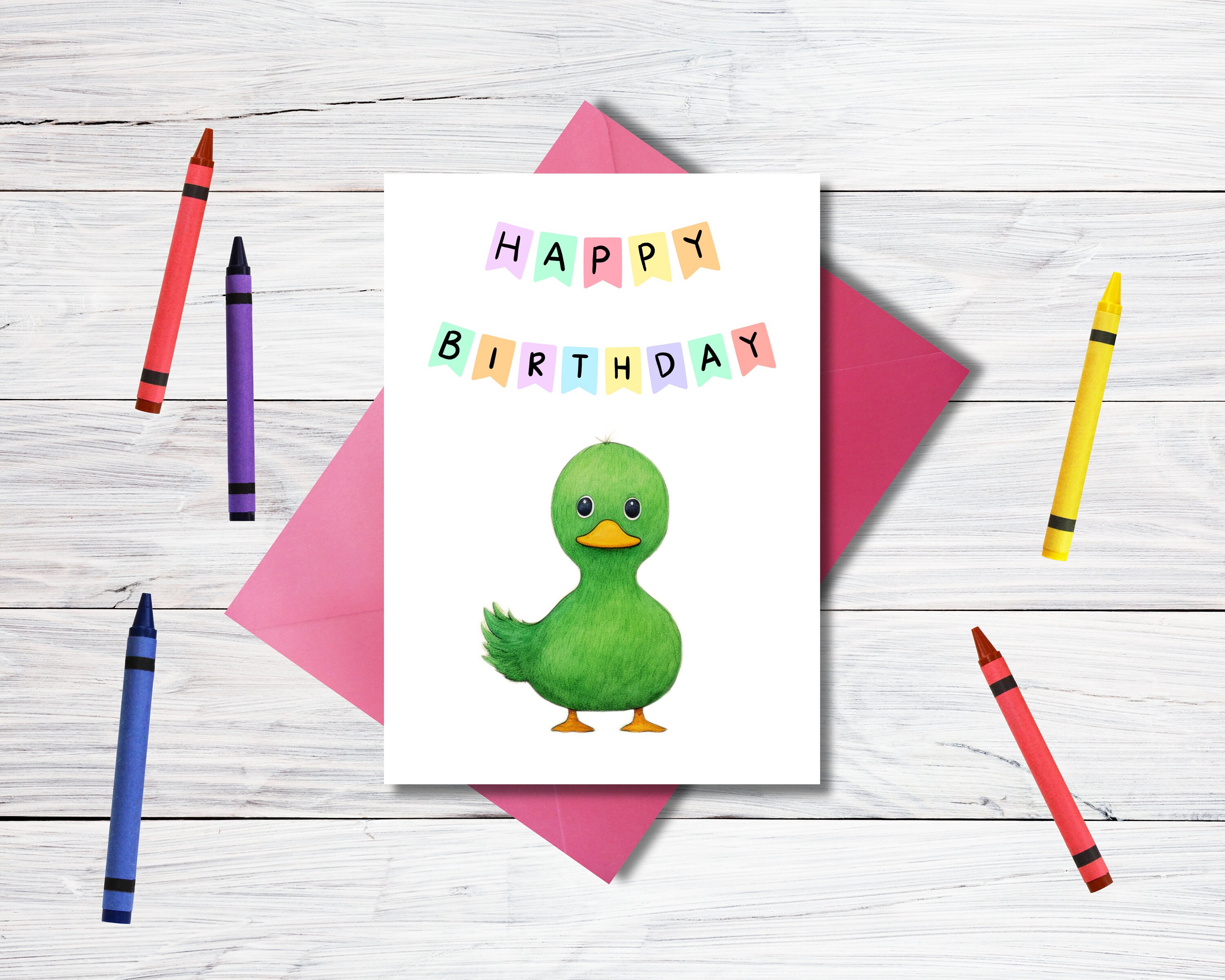Party Duck Birthday Card, Watercolor Greeting Card, Green Duck Birthday ...