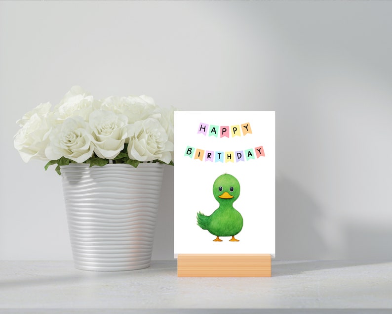 Party Duck Birthday Card, Watercolor Greeting Card, Green Duck Birthday ...
