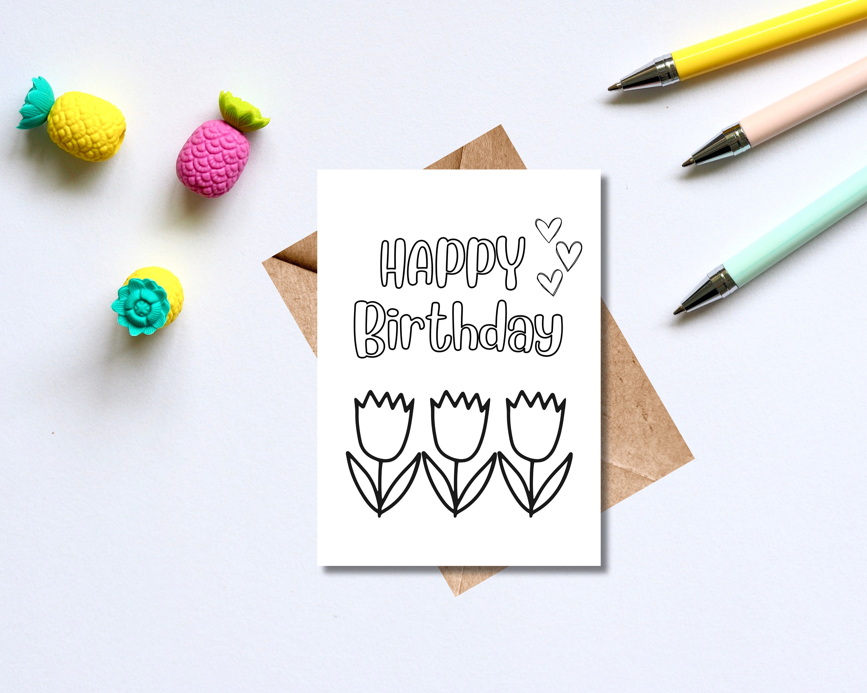 Happy Birthday Coloring Card, Flowers Birthday Card, Birthday Card for ...