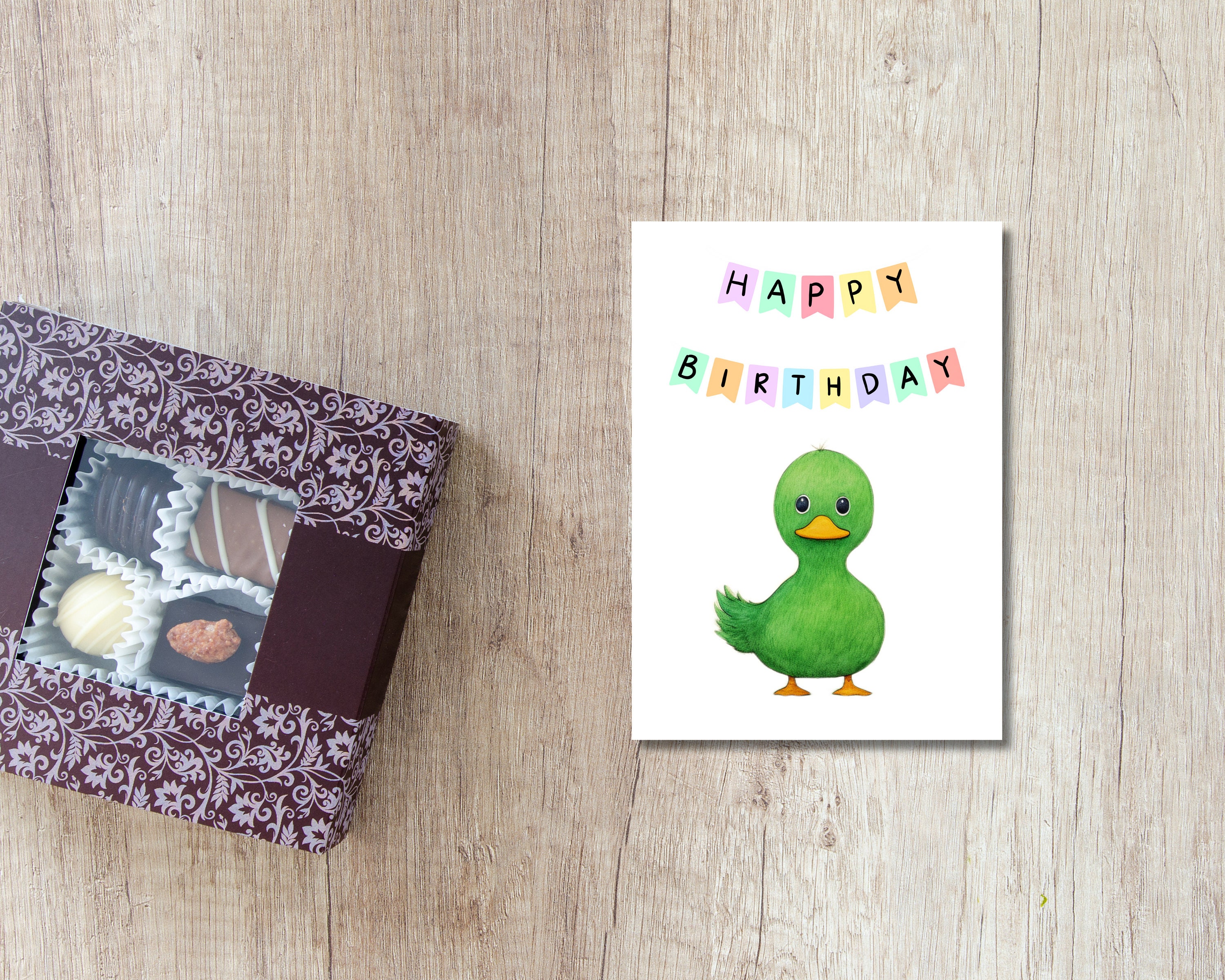 Party Duck Birthday Card, Watercolor Greeting Card, Green Duck Birthday ...