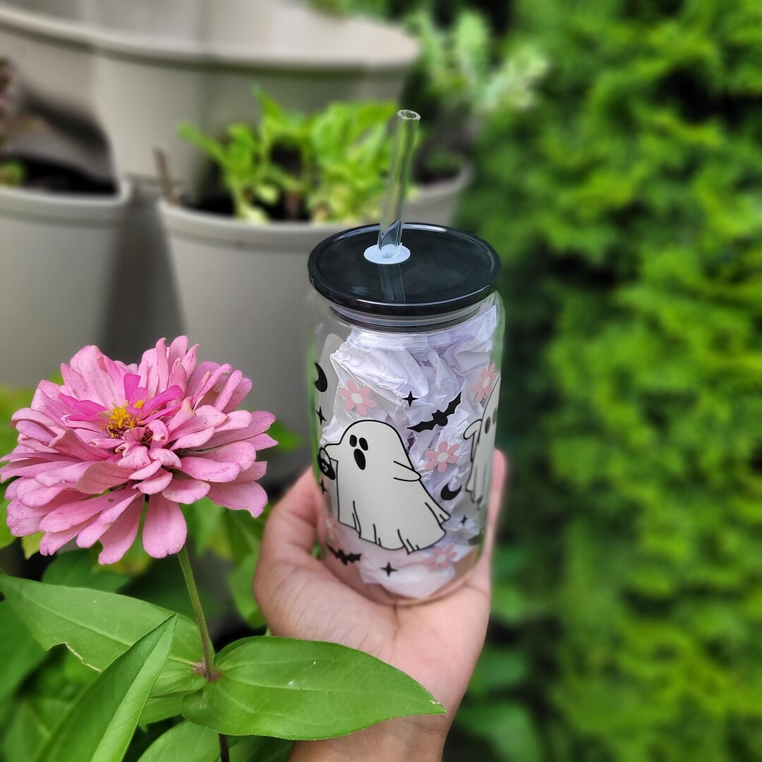 Cute Flying Ghost Halloween Glass Can, Flying Ghost Tumbler With Extra ...