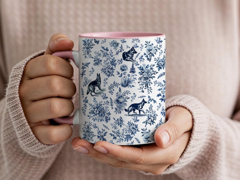 German Shepherd French Toile De Jouy Mug, Elegant Blue Toile Dog Mug ...