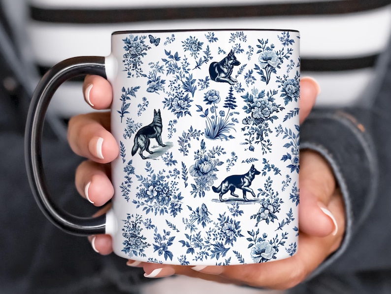 German Shepherd French Toile De Jouy Mug, Elegant Blue Toile Dog Mug ...