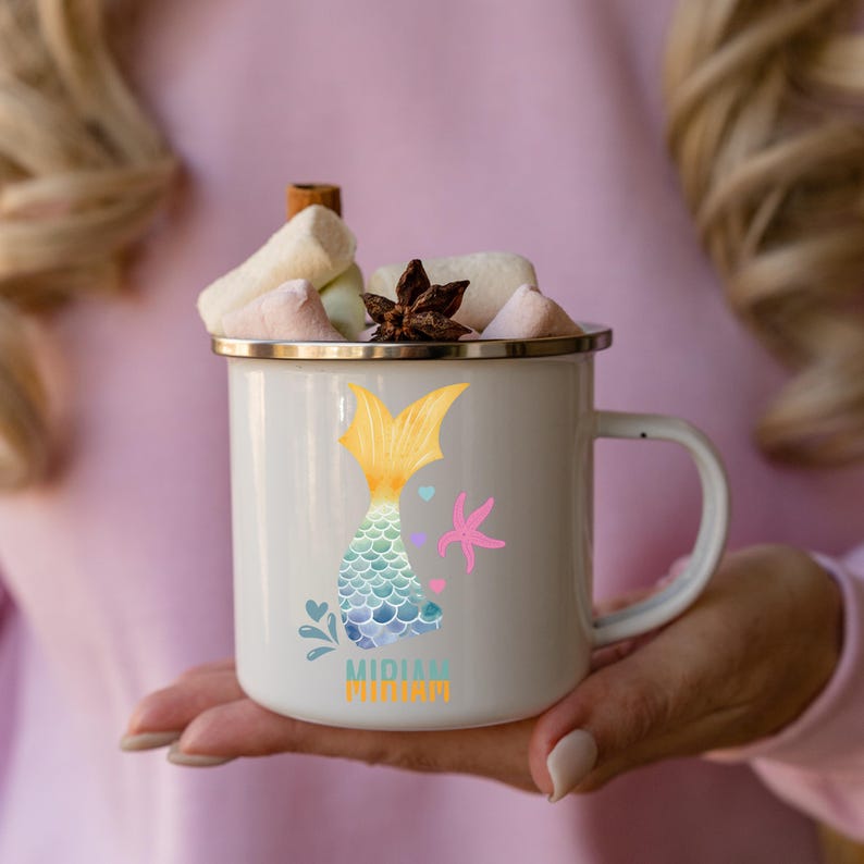 Personalized Enamel Mermaid Tail Camping Mug, Custom Kids Enamel Cup ...