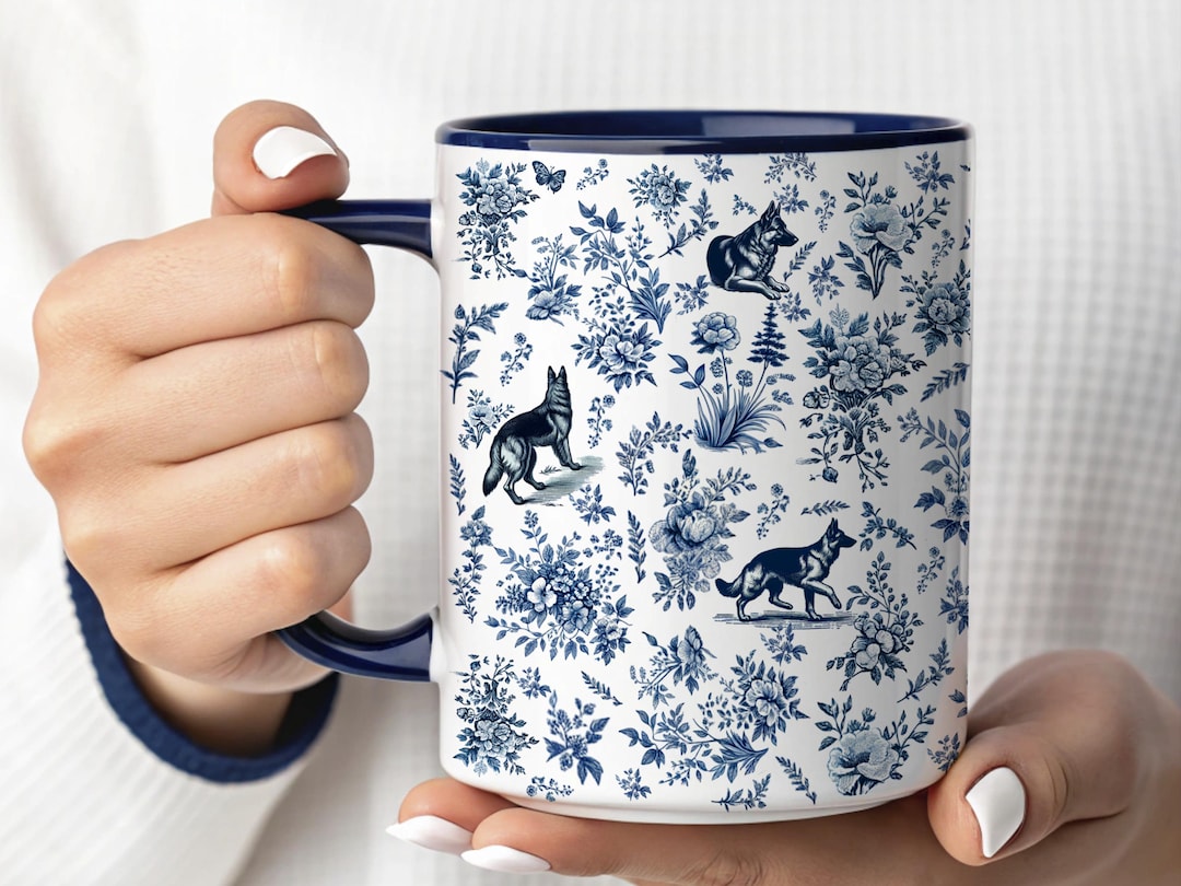 German Shepherd French Toile De Jouy Mug, Elegant Blue Toile Dog Mug ...