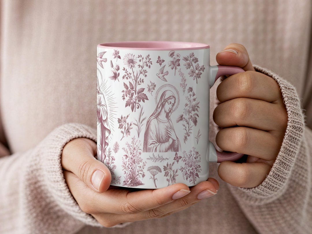 Catholic Virgin Mary Toile Mug, Pink French Toile Religious Mug ...