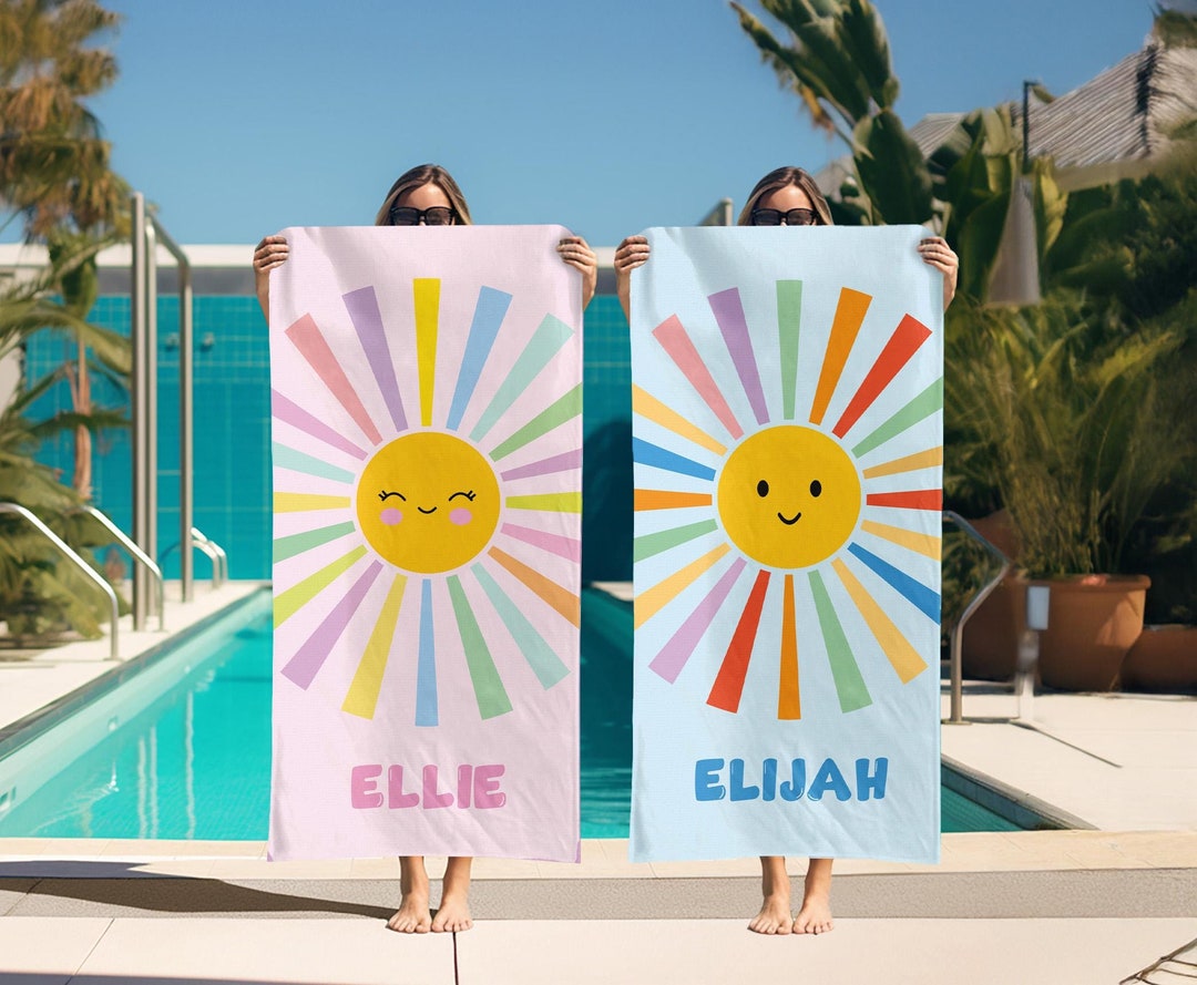 Personalized Rainbow Sun Beach Towel, Kid's Towels With Sun, Sun Beach ...