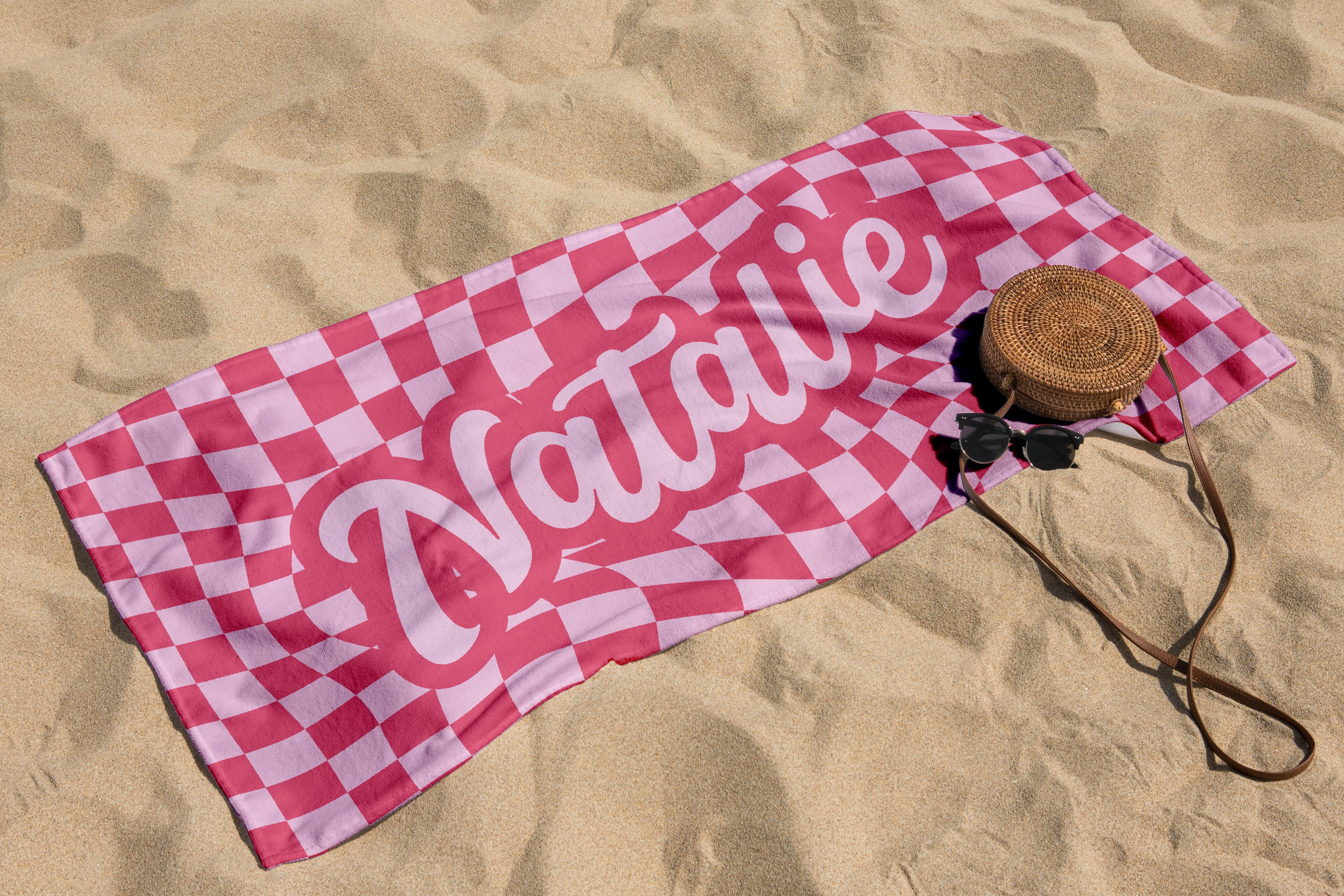 Retro Checkered Custom Beach Towel, Personalized Retro Style Checkered ...