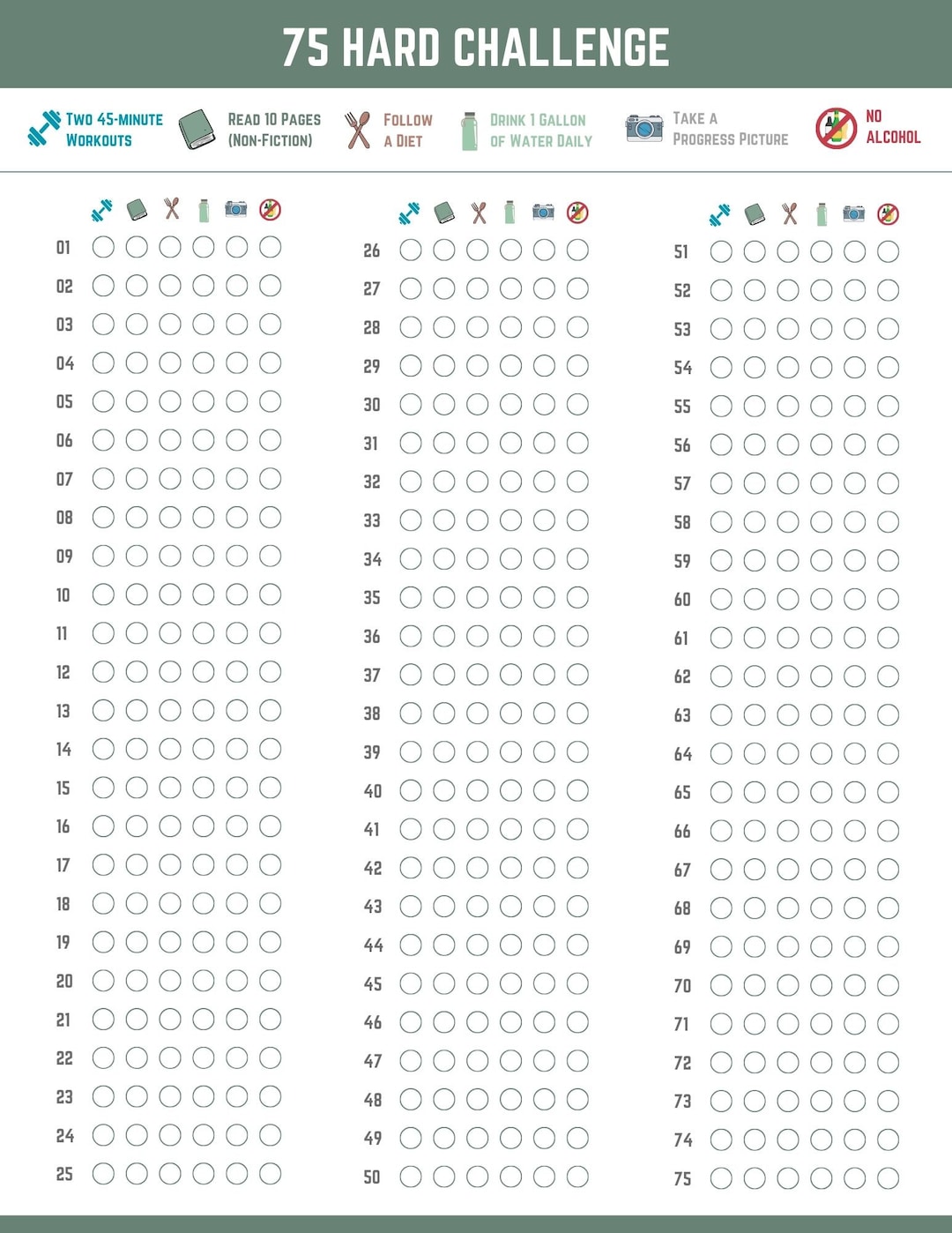 75 Hard Checklist Calendar & Planner Template - Etsy