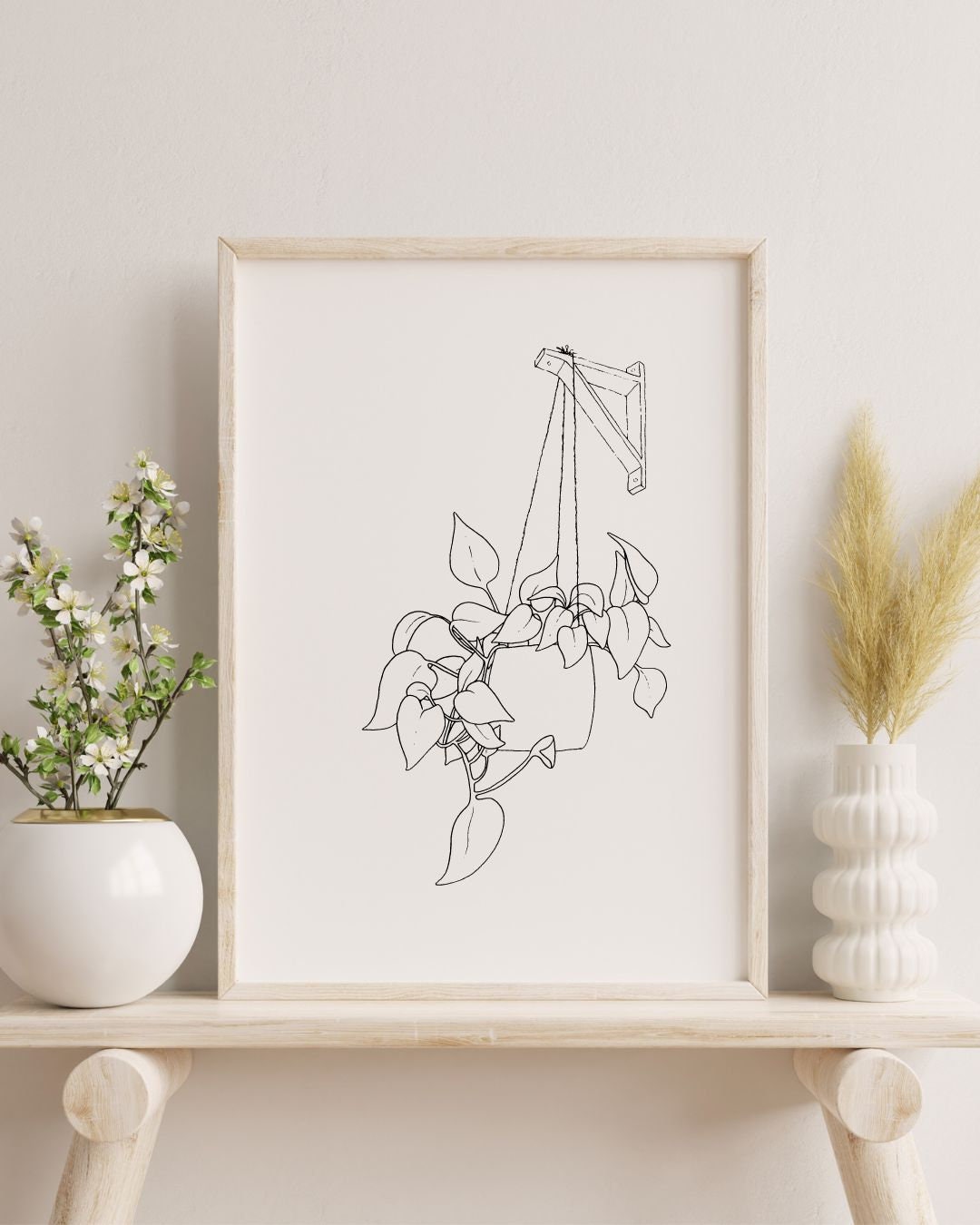 Hanging Pothos Hand Drawn Print | Minimalist Botanical Leaves Drawing ...