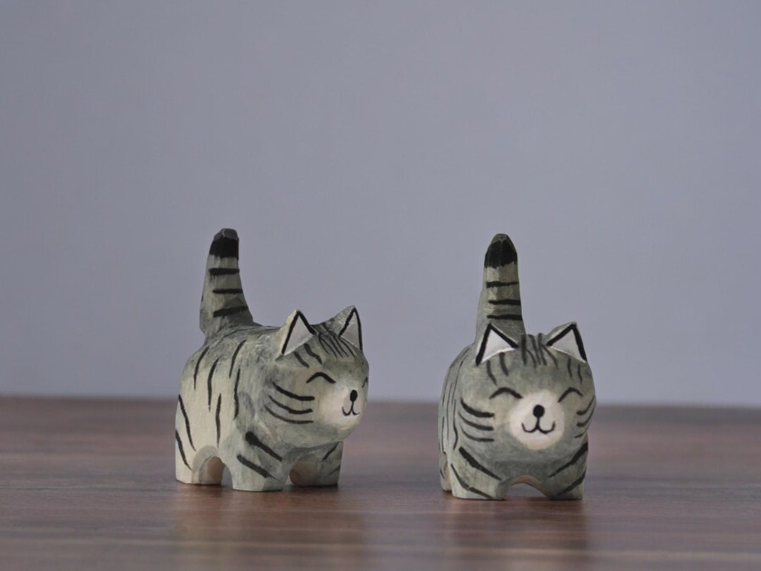 Handmade Wooden Kittens Cute Cat Ornament Wood Craft Miniature Cat ...