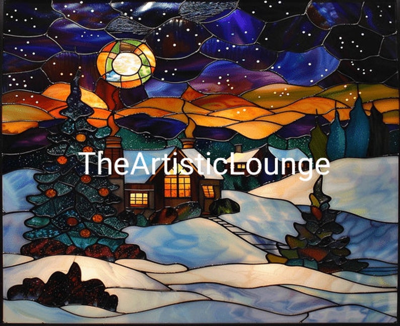 Stained Glass Scene of a Snowy Winter Night - Digital Download ...