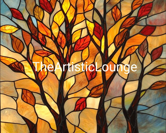 Stained Glass Design of Fall Trees - Digital Download - Vibrant Autumn ...