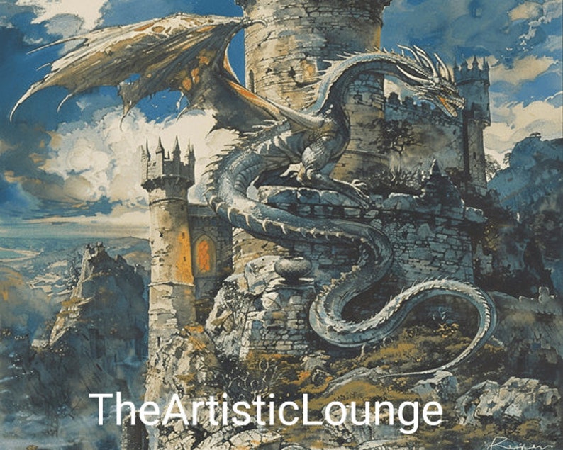 Majestic Sentinel Dragon Coiling Around Medieval Castle Tower Digital ...
