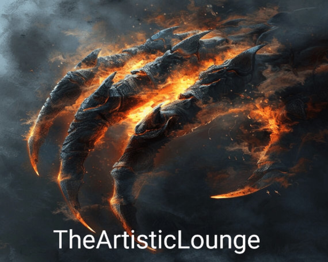 Dragon Claw With Fiery Flames Digital Art Print Dark Cloud Background ...