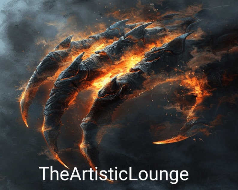 Dragon Claw With Fiery Flames Digital Art Print Dark Cloud Background ...
