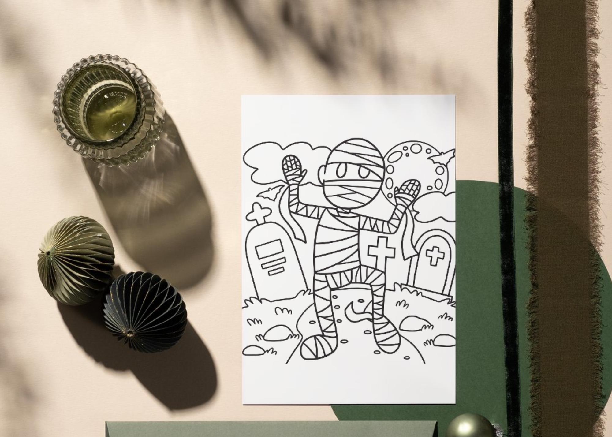 Halloween Coloring Page, Mummy Coloring Page, Spooky Cemetery, Full ...