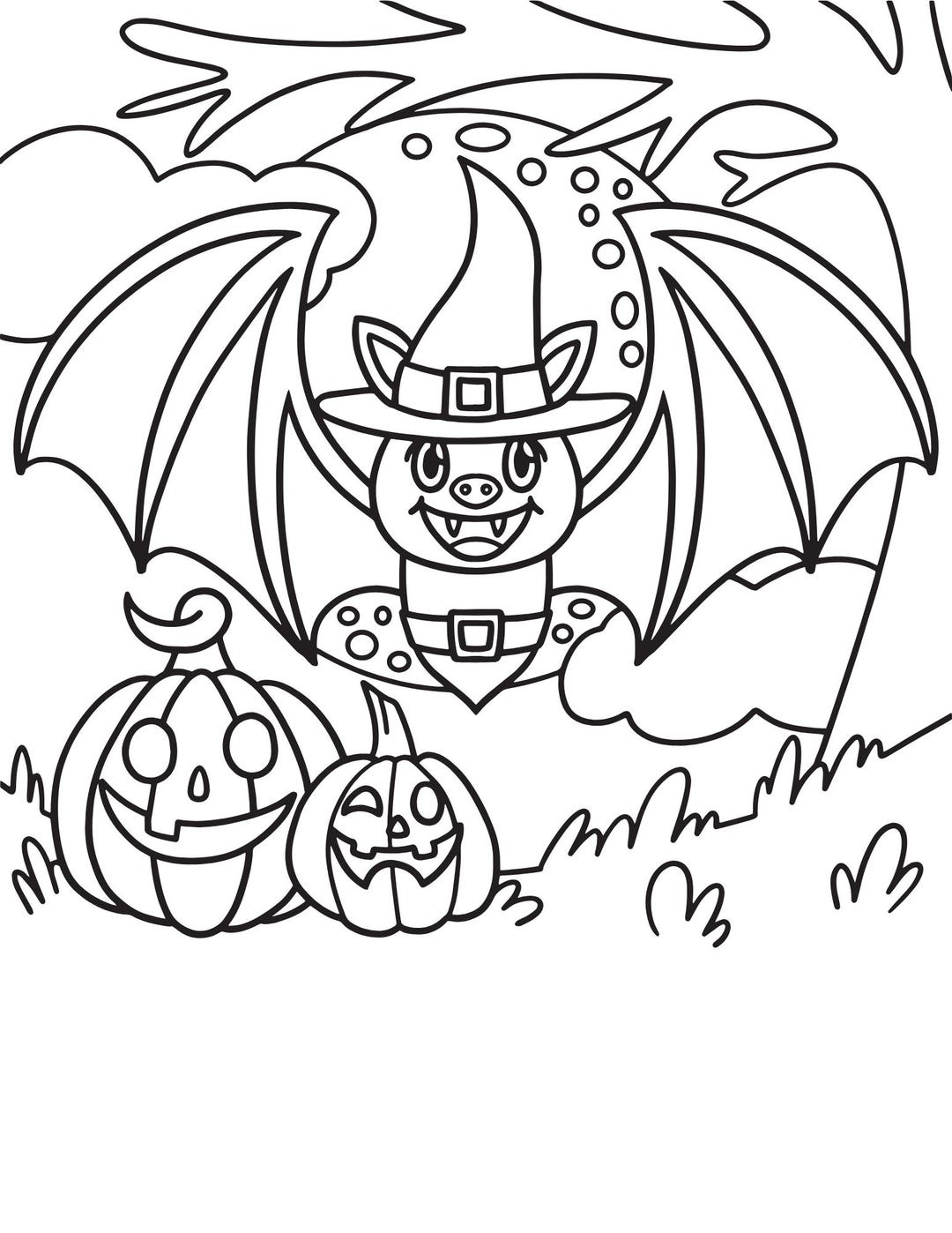 Kids Coloring Page, Halloween, Bat, Pumpkin Patch, Kids Activity ...