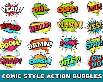 Bundle of 17 Comic Style Action Bubbles, Comic Cartoon Style, Birthday ...