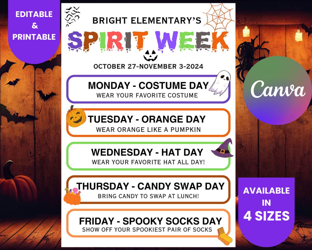Editable Fall Spirit Week Flyer Template, School Spirit Schedule, Canva ...