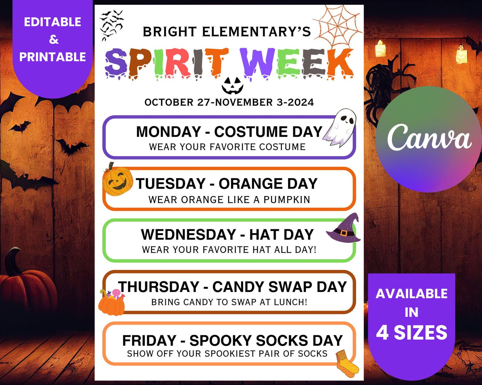 Editable Fall Spirit Week Flyer Template, School Spirit Schedule, Canva ...