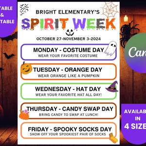 Editable Fall Spirit Week Flyer Template, School Spirit Schedule, Canva ...