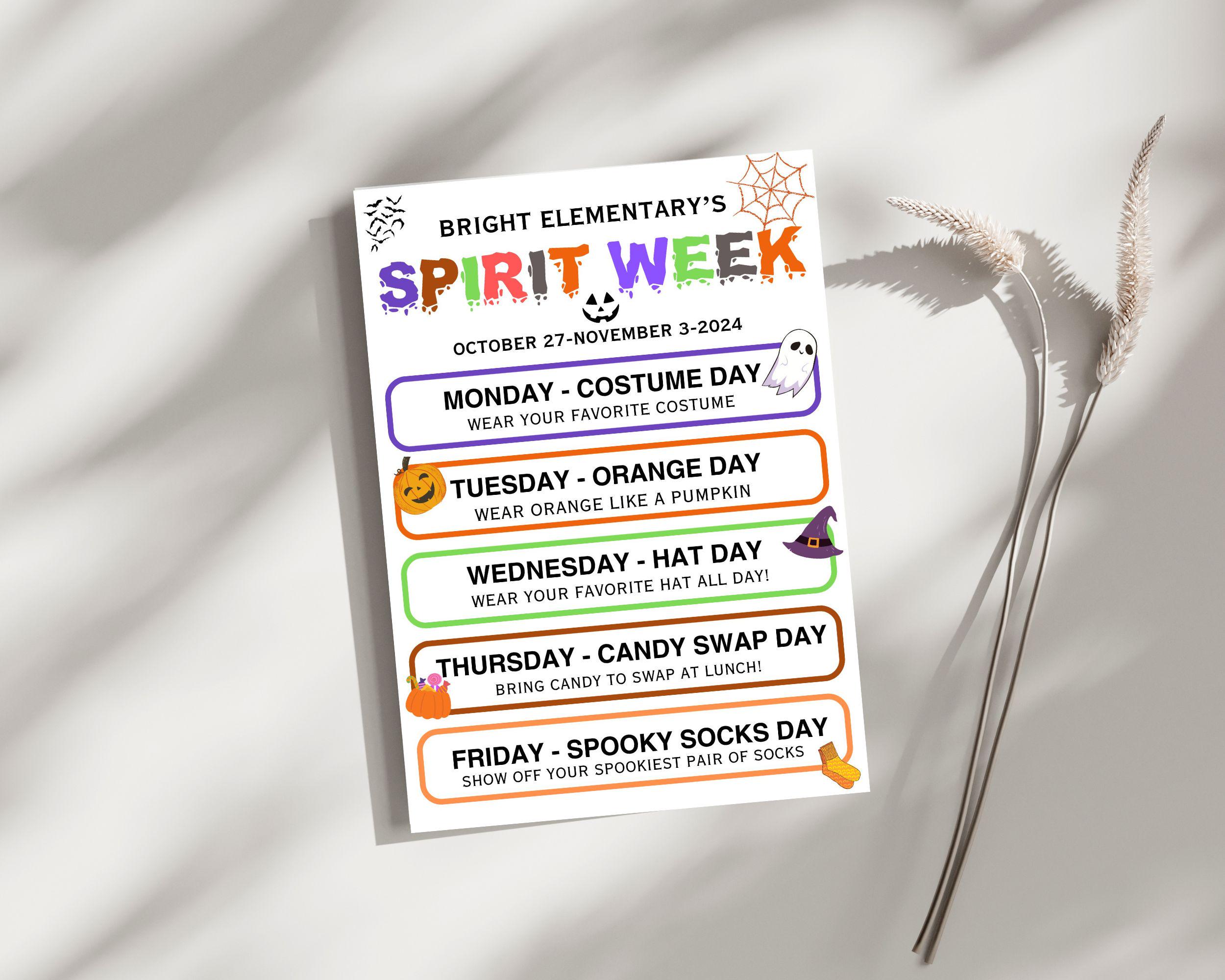 Editable Fall Spirit Week Flyer Template, School Spirit Schedule, Canva ...