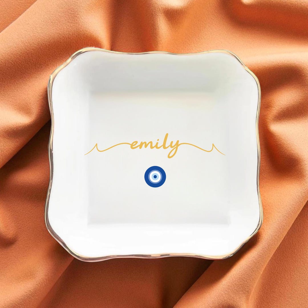 Custom Name Evil Eye Dish, Blue Minimal Jewelry Plate, Personalized ...