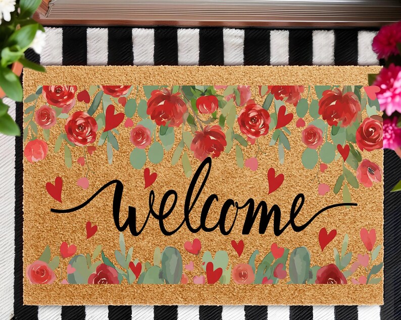 Floral Valentine Doormat With Red Roses and Hearts, Elegant Lovely ...