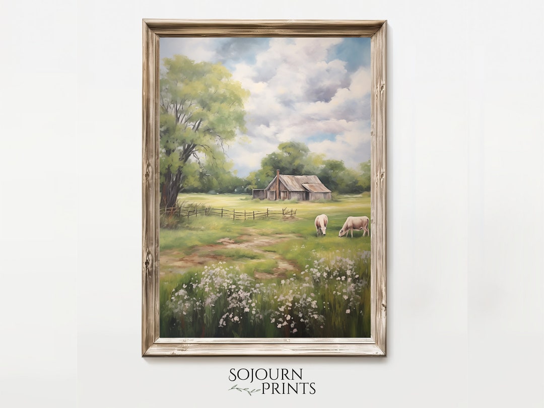 Pastoral Barn and Grazing Cows Landscape Digital Print, Tranquil Green ...