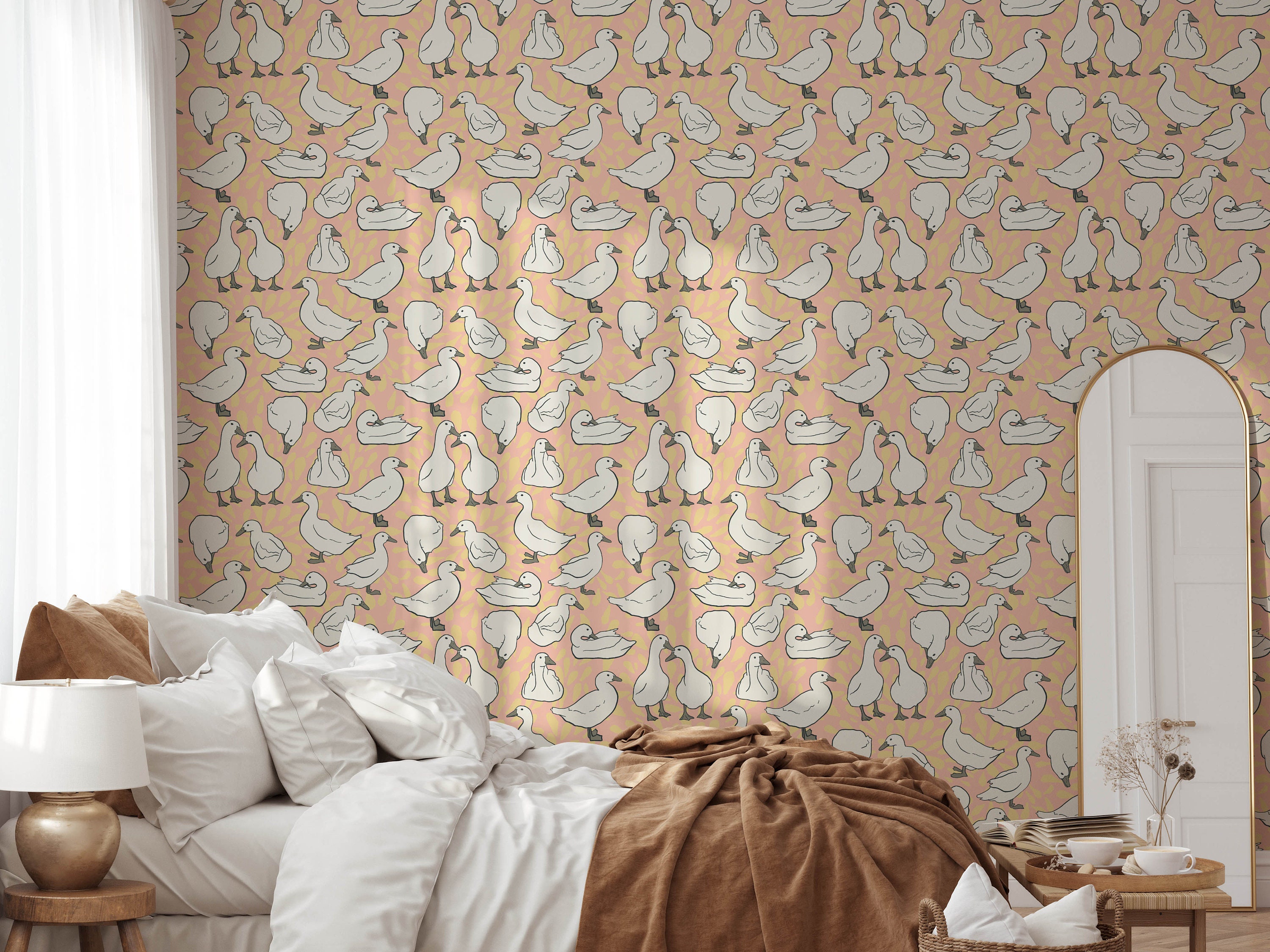 Pink Animal Wallpaper, Ducks Wallpaper, Lake Bird Wallpaper, Playroom ...