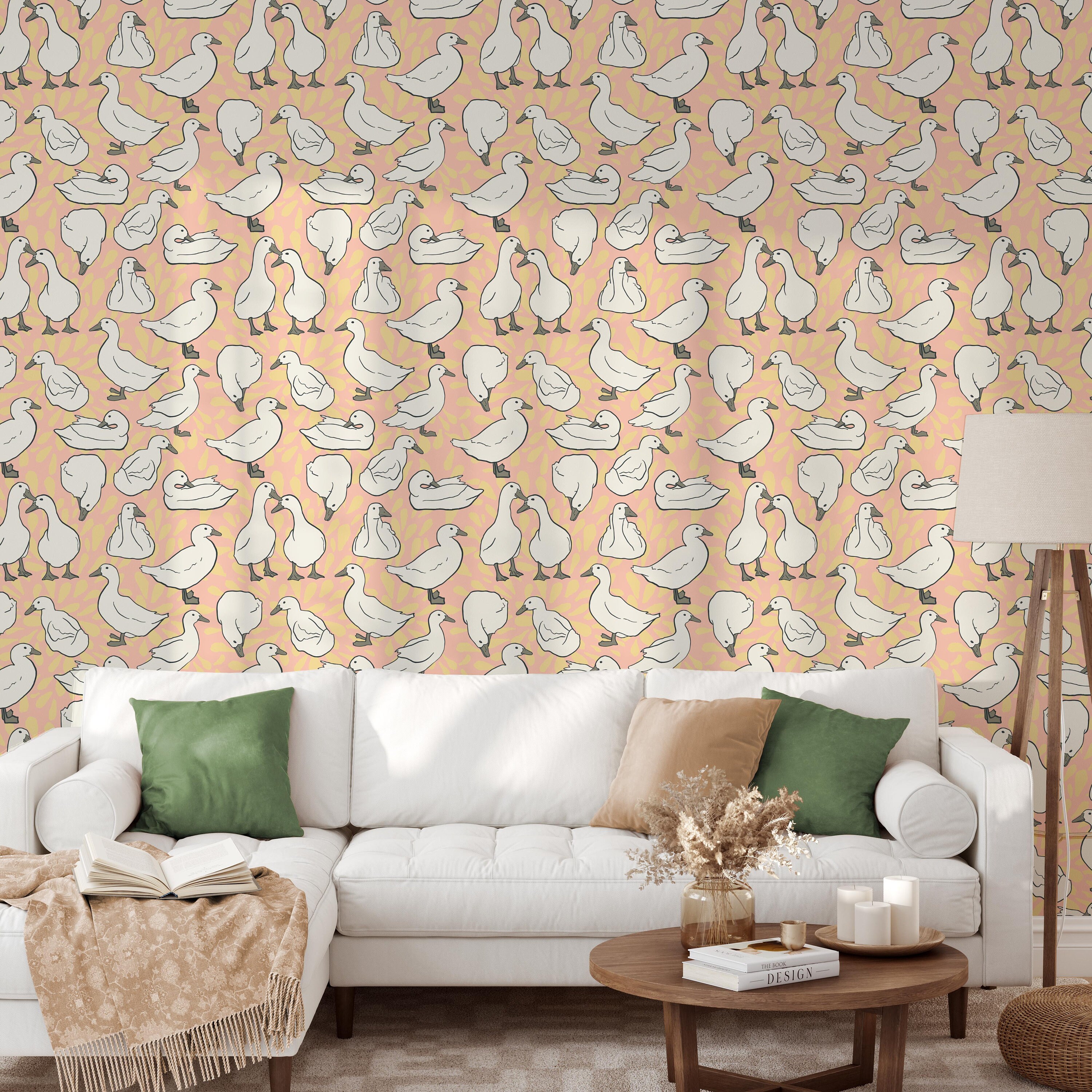 Pink Animal Wallpaper, Ducks Wallpaper, Lake Bird Wallpaper, Playroom ...