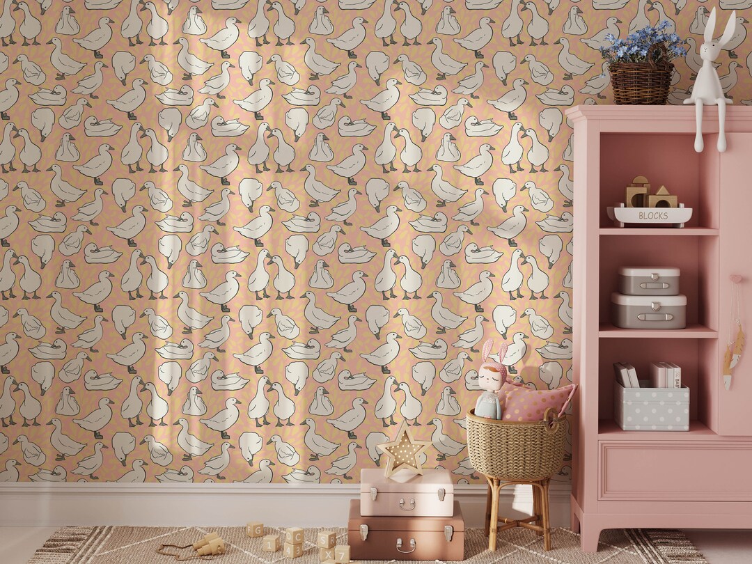 Pink Animal Wallpaper, Ducks Wallpaper, Lake Bird Wallpaper, Playroom ...