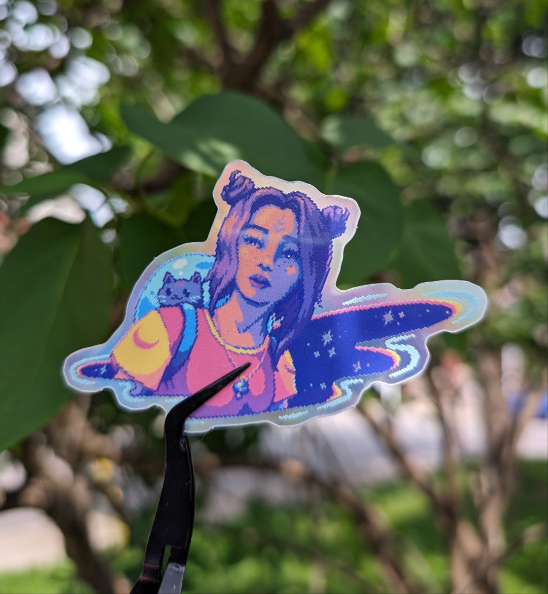 Time Travel Girl Pixel Art Sticker | Cool Holographic Vinyl Sticker ...