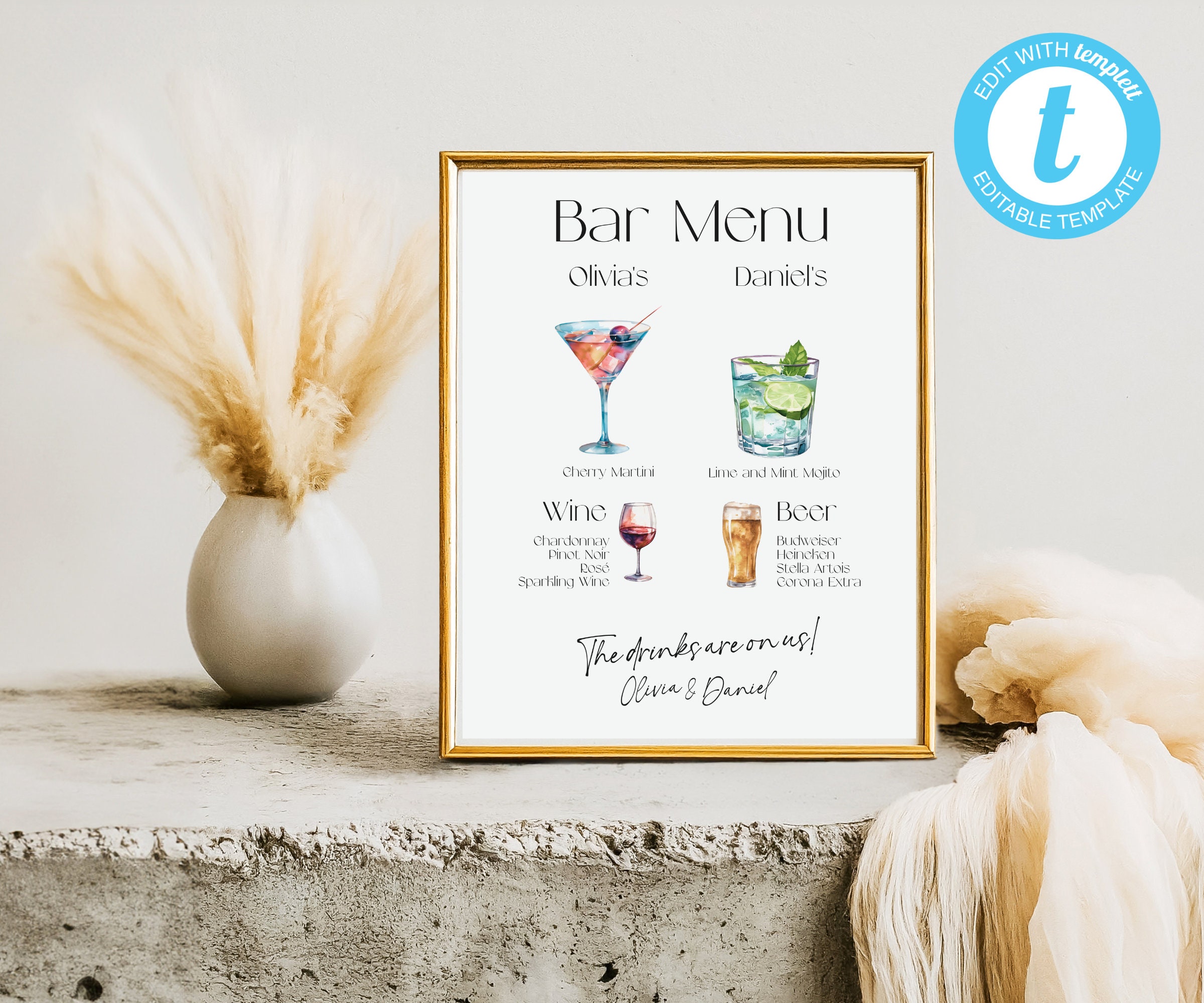 Personalized Wedding or Event Bar Menu Customizable Drink List Modern ...