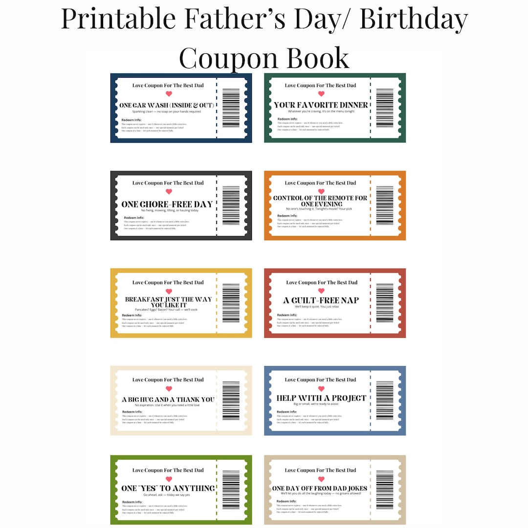 Printable Fathers Coupons Thoughtful Gift Idea DIY Coupon Book for Dad ...